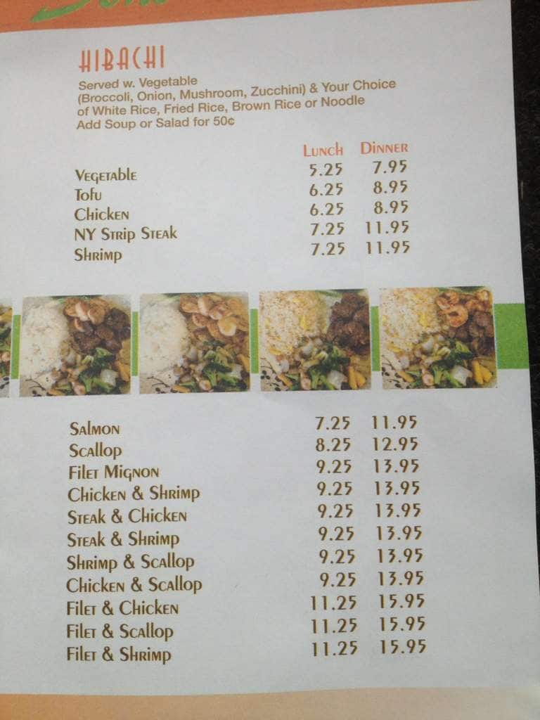 Menu at Soho Hibachi restaurant, Fort Oglethorpe