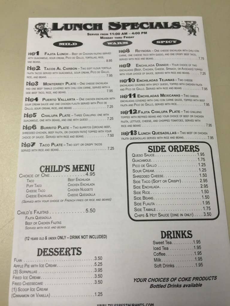 Menu at Tele's Mexican Restaurant, Gladewater