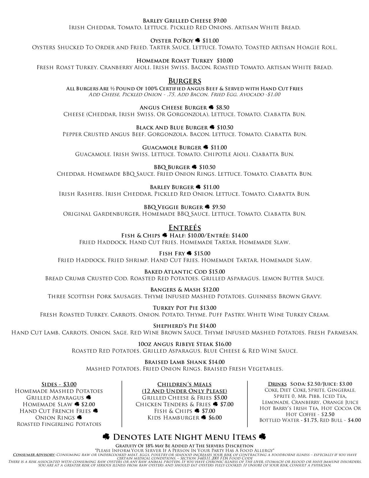 Menu at Barley Republic, St. Augustine