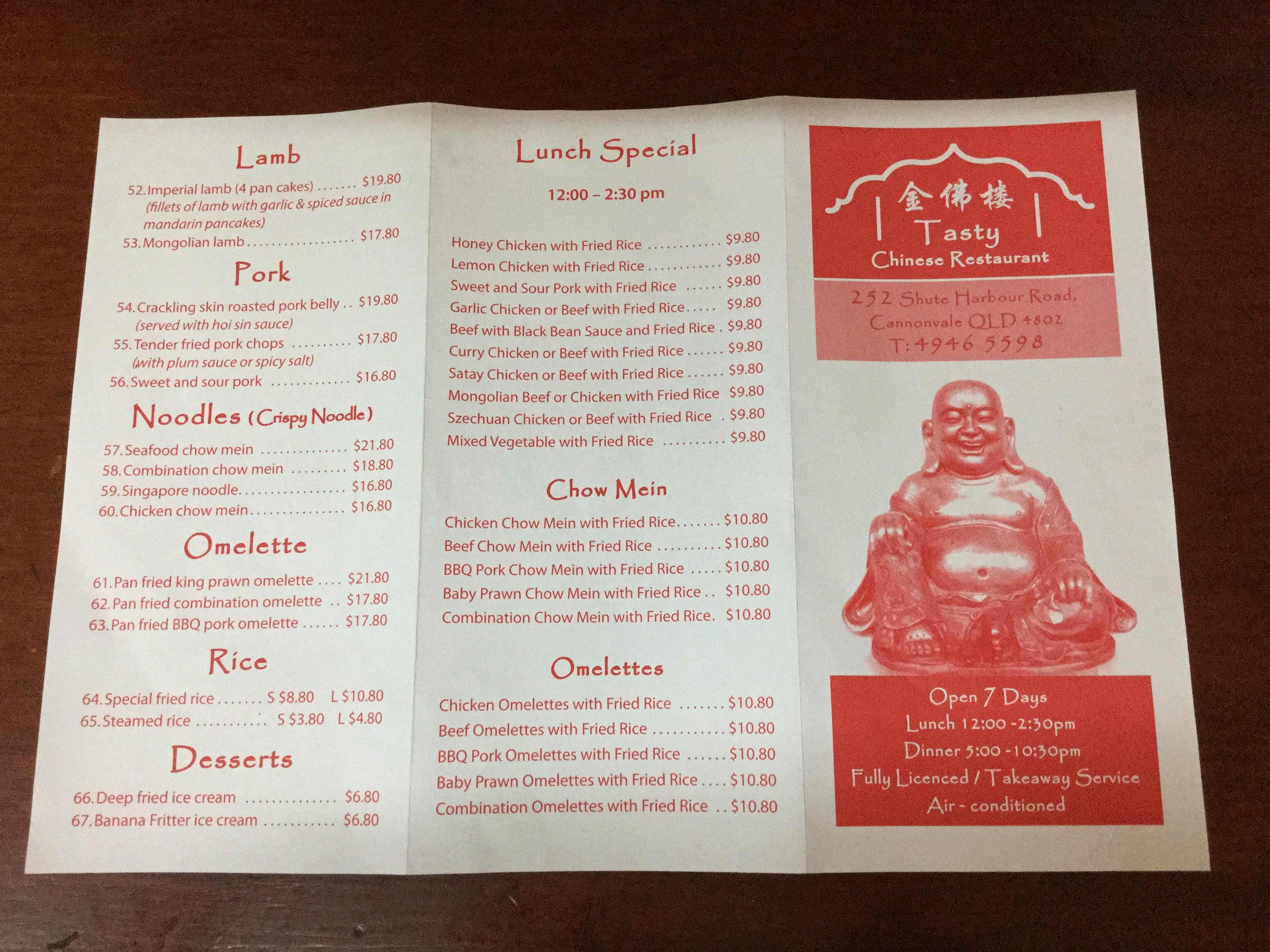 Menu at Tasty Chinese Restaurant, Cannonvale