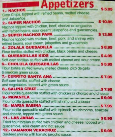 Menu at New Santa Ana restaurant, New York City