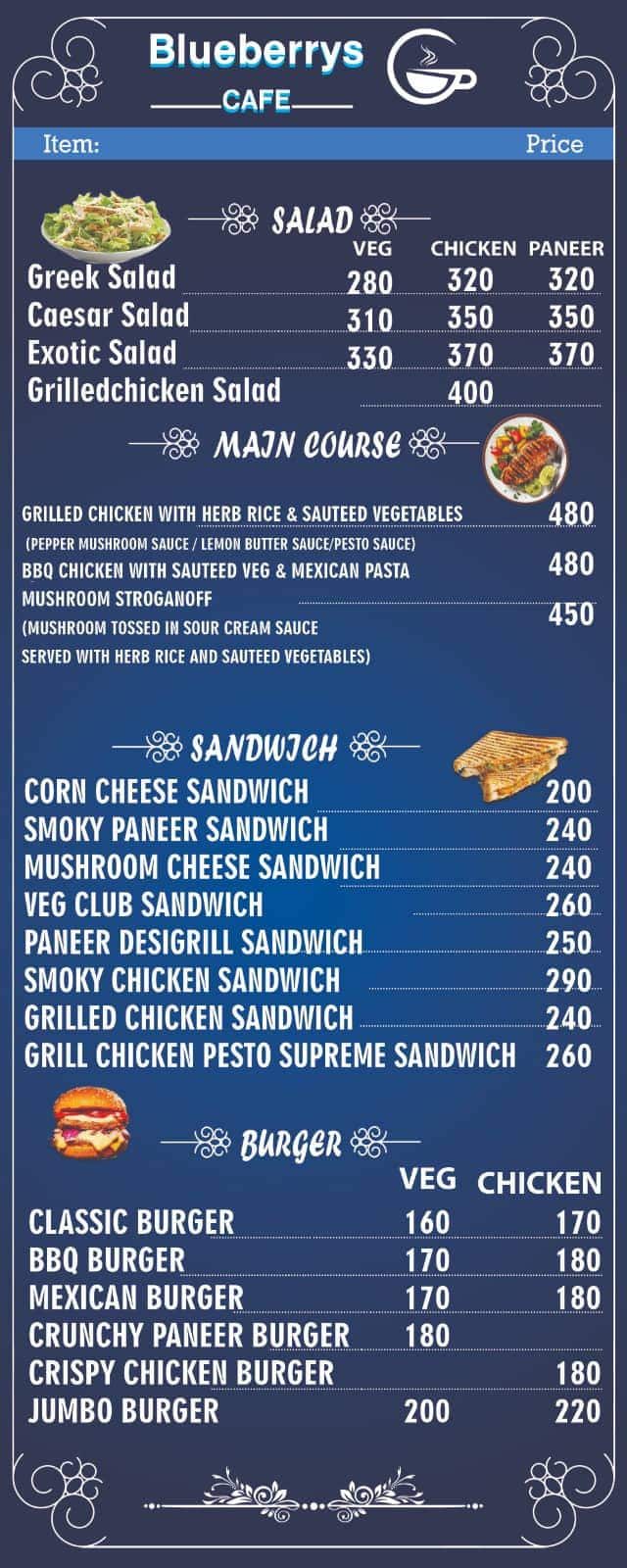 Menu of Blueberrys Cafe, Bhubaneswar, Bhubaneshwar