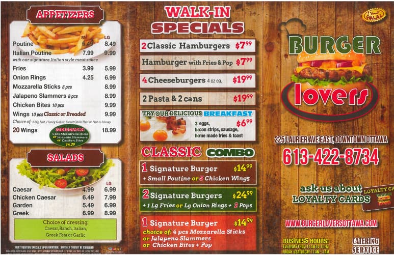 Burger Lovers Menu, Menu for Burger Lovers, Sandy Hill, Ottawa ...