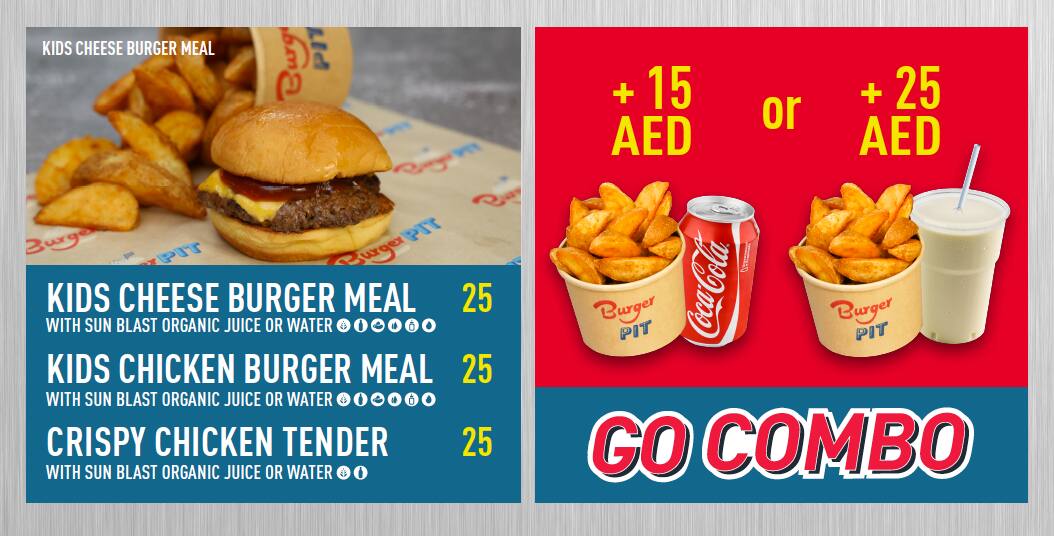 Menu at Burger pit restaurant, Dubai, WX76+JG3
