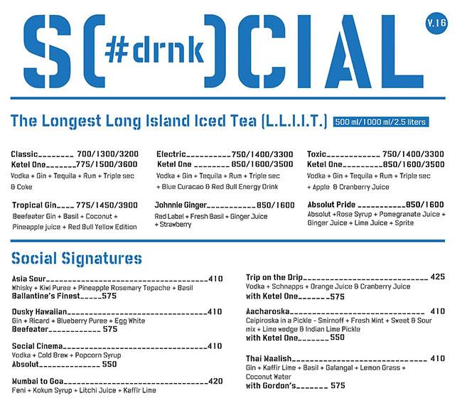 Menu of Versova Social, Versova, Andheri West, Mumbai