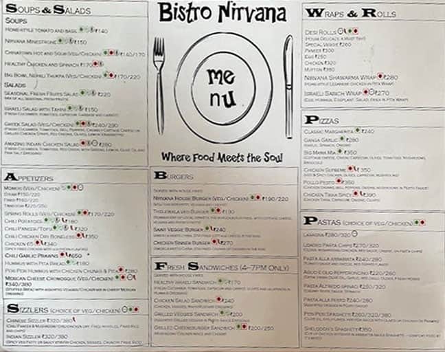Menu of Bistro Nirvana, Tapovan, Rishikesh