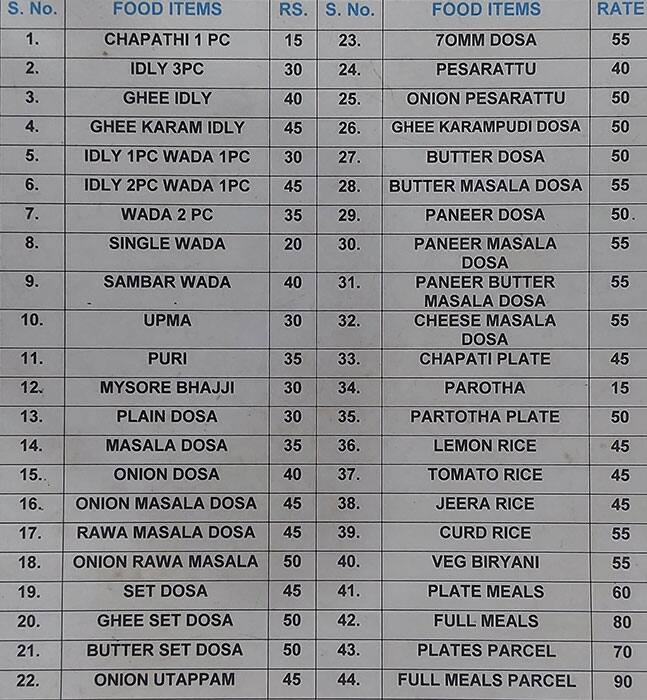 Menu of Shiva Darshini Hotel, Hafeezpet, Hyderabad