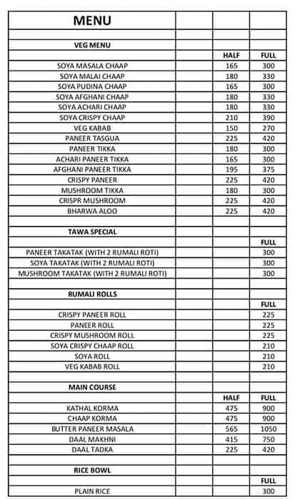Menu of Chulha Choka, Indirapuram, Ghaziabad