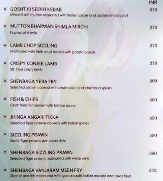 Menu at Tulip, Puducherry