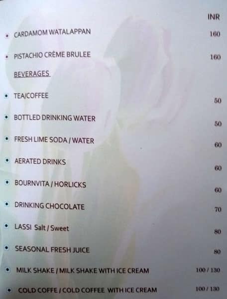 Menu at Tulip, Puducherry