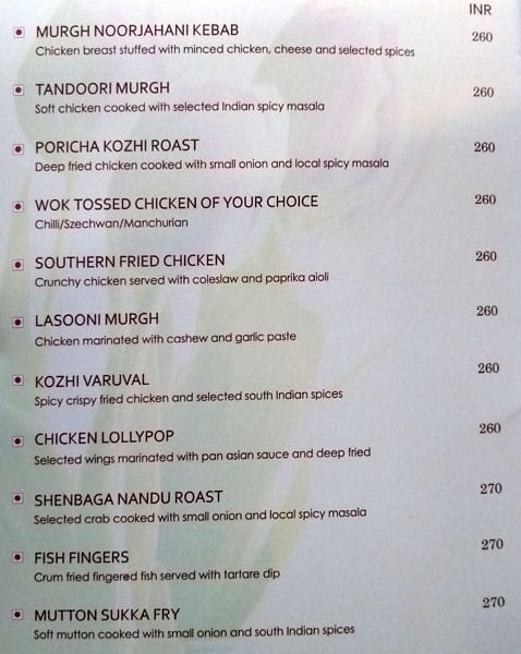 Menu at Tulip, Puducherry