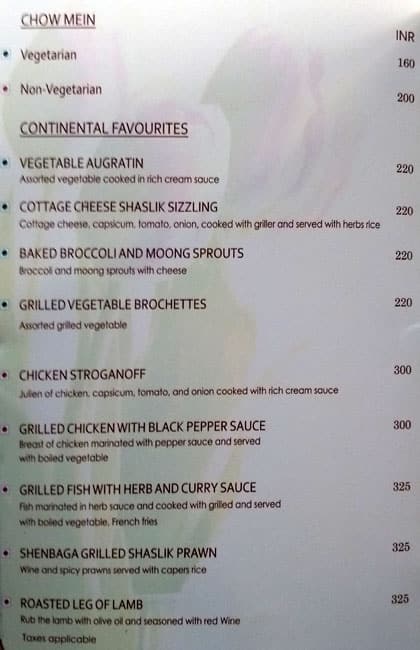 Menu at Tulip, Puducherry