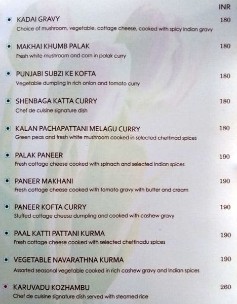 Menu at Tulip, Puducherry