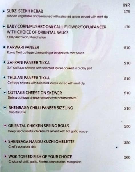 Menu at Tulip, Puducherry
