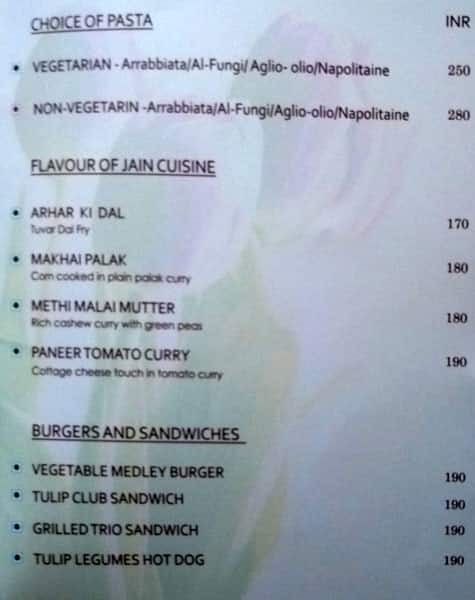 Menu at Tulip, Puducherry