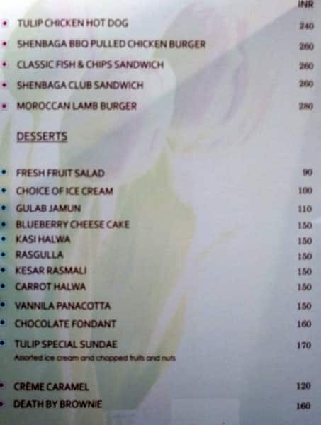 Menu at Tulip, Puducherry
