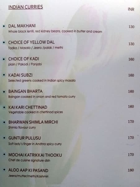 Menu at Tulip, Puducherry
