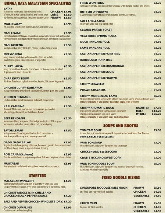 Carta del restaurante Bunga Raya, Thornton Heath, 785 London Rd
