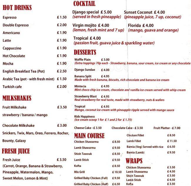 Menu at Django Lounge restaurant, London, Scratchwood Park