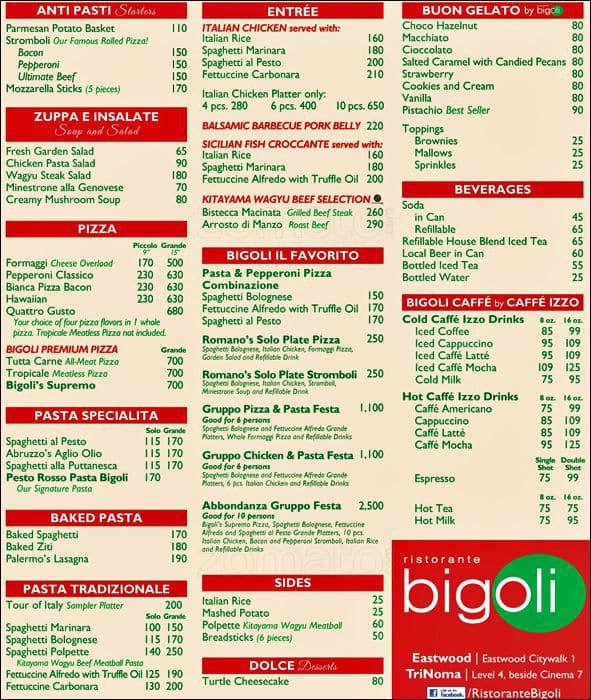 Ristorante Bigoli Menu, Menu for Ristorante Bigoli, Trinoma Mall ...