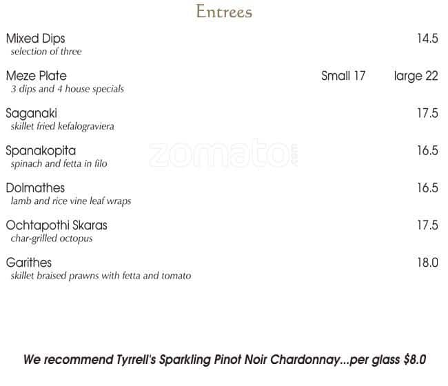 Menu at Stavros Tavern restaurant, Albert Park