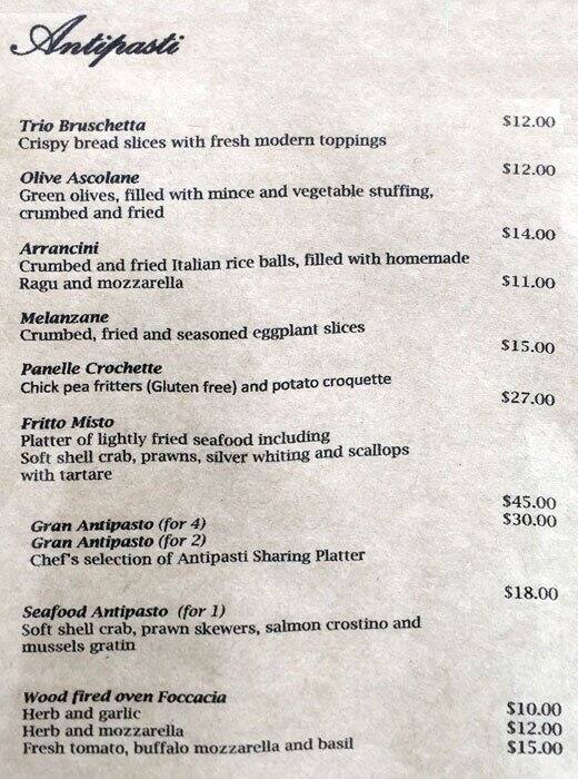 Menu at Mattia restaurant, Balwyn North, 117 Bulleen Rd