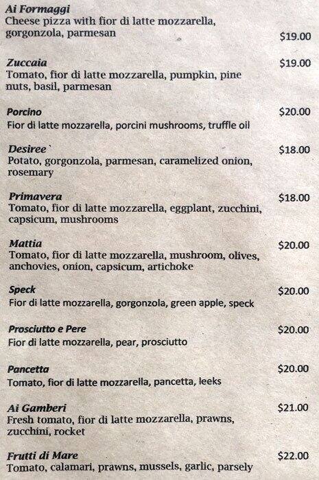 Menu at Mattia restaurant, Balwyn North, 117 Bulleen Rd