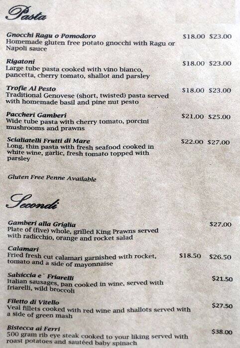 Menu at Mattia restaurant, Balwyn North, 117 Bulleen Rd