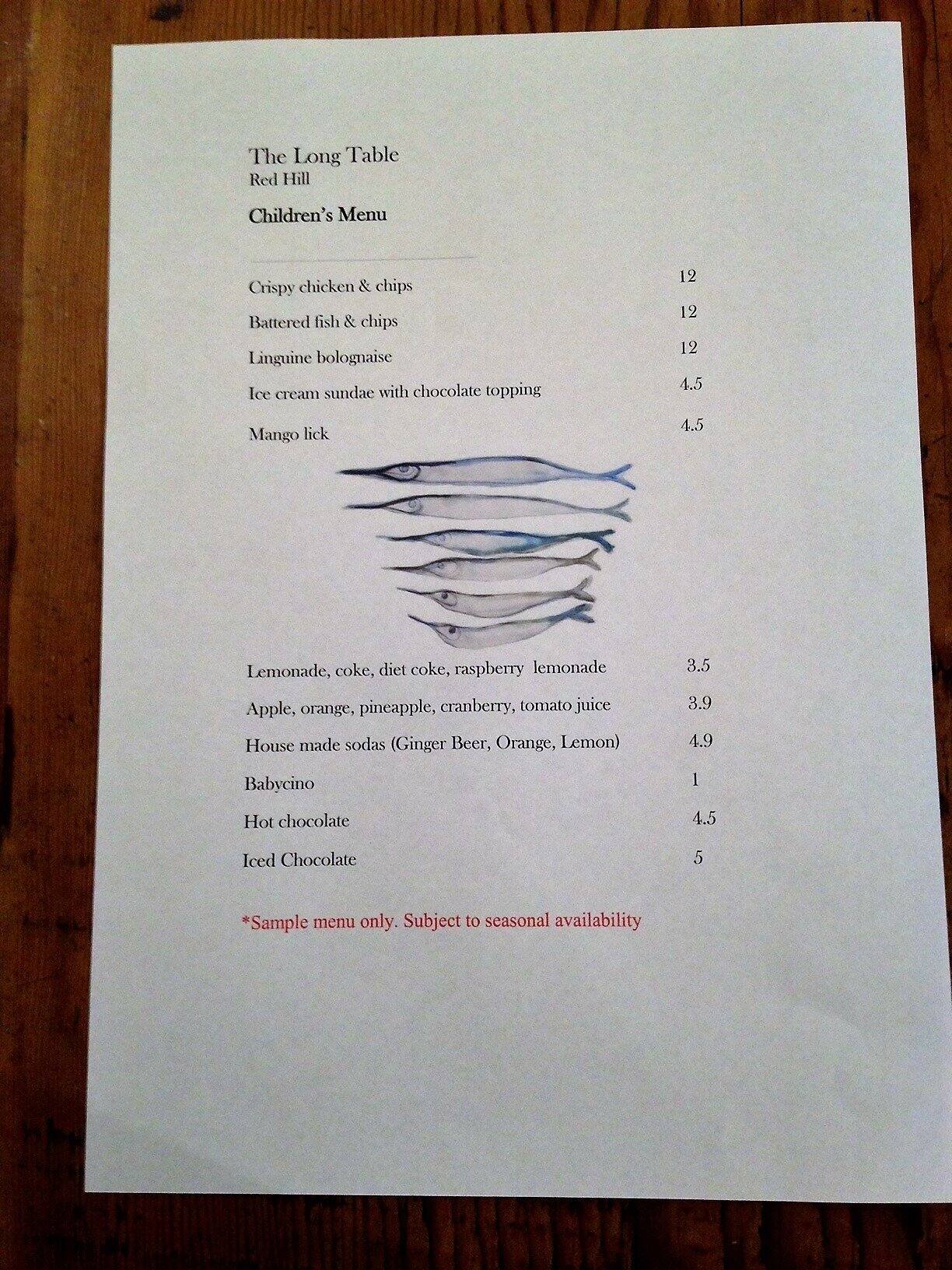 Menu at The Long Table restaurant, Red Hill South