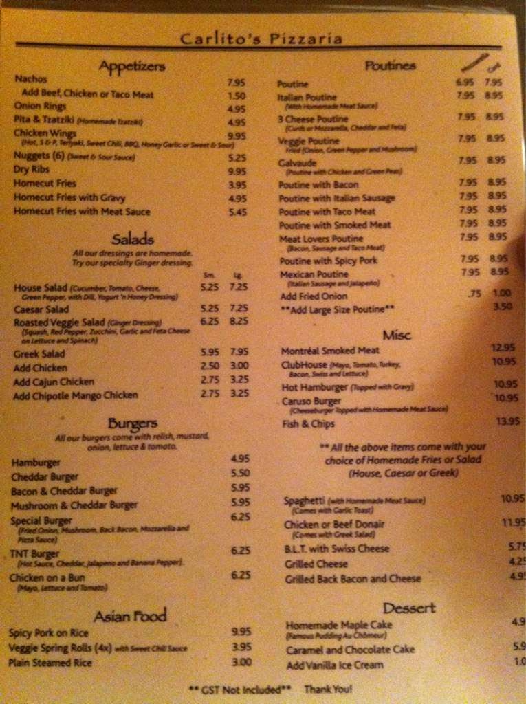 Carta de pizzería Carlitos Pizza, Banff