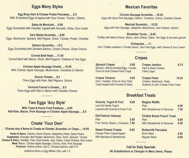 Montclair Egg Shop Menu, Menu for Montclair Egg Shop, Montclair ...