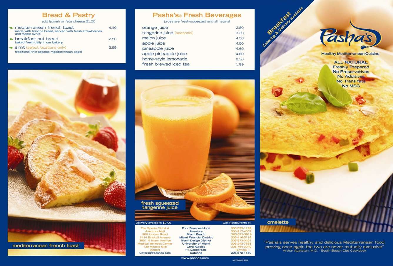 Menu at Pasha's restaurant, Miami, 1414 Brickell Ave