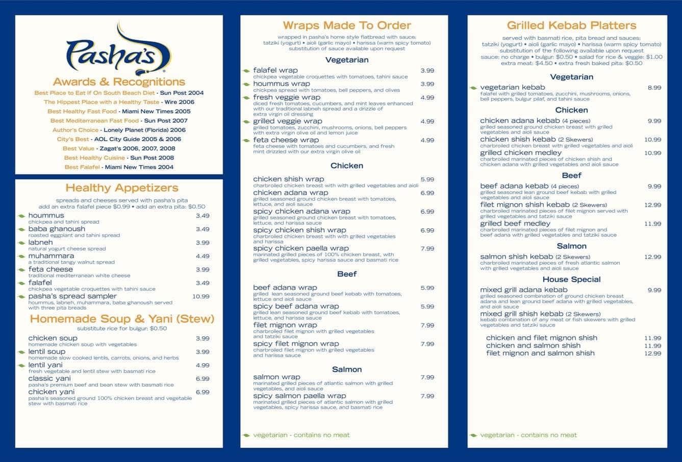 Menu at Pasha's restaurant, Miami, 1414 Brickell Ave