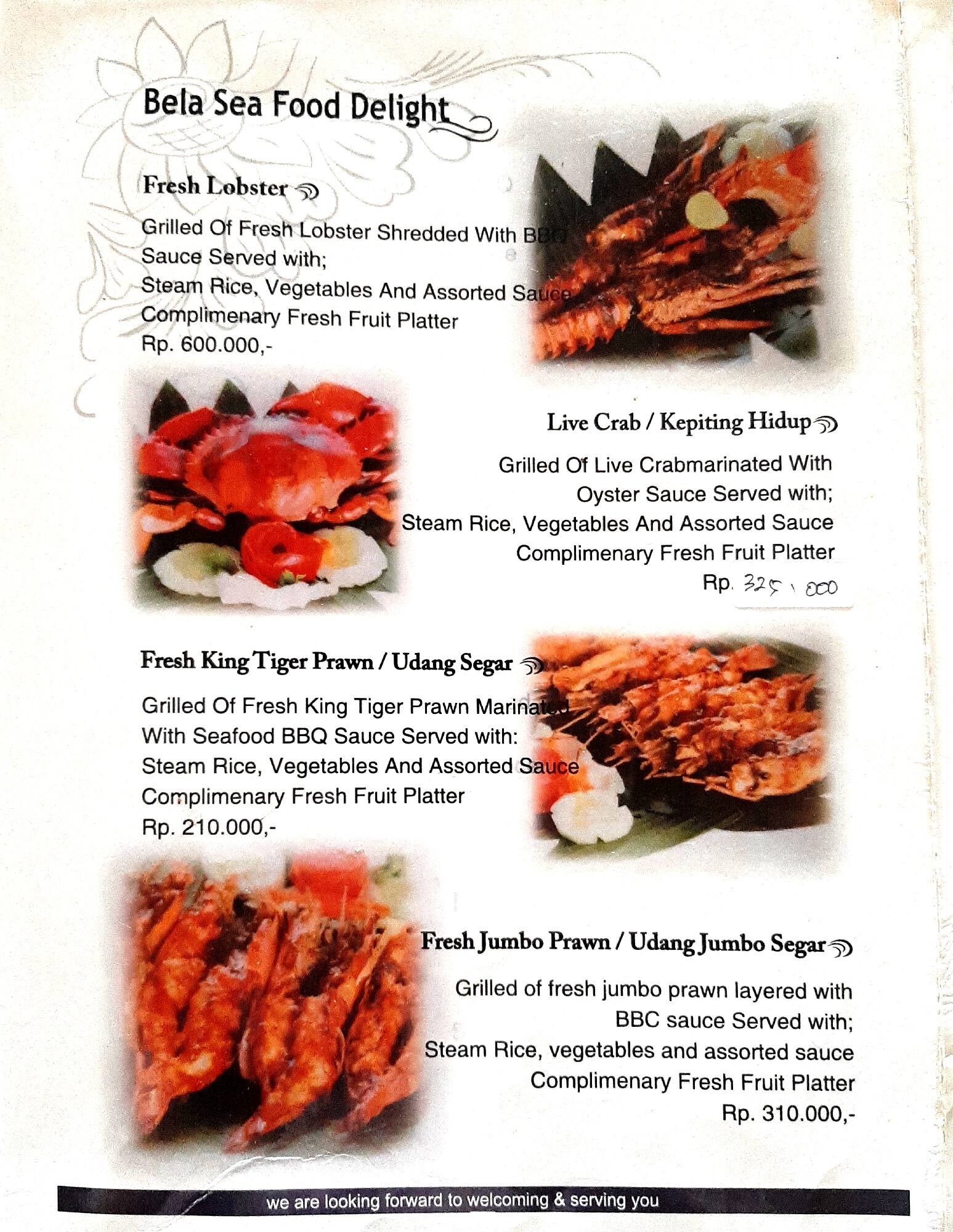 Menu at Bela Seafood Cafe, Jimbaran, Jalan Hotel Four Season