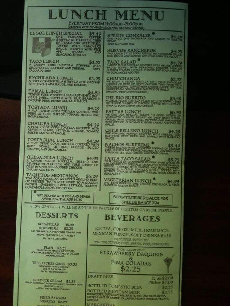 Menu at El Sol restaurant, Pine Bluff