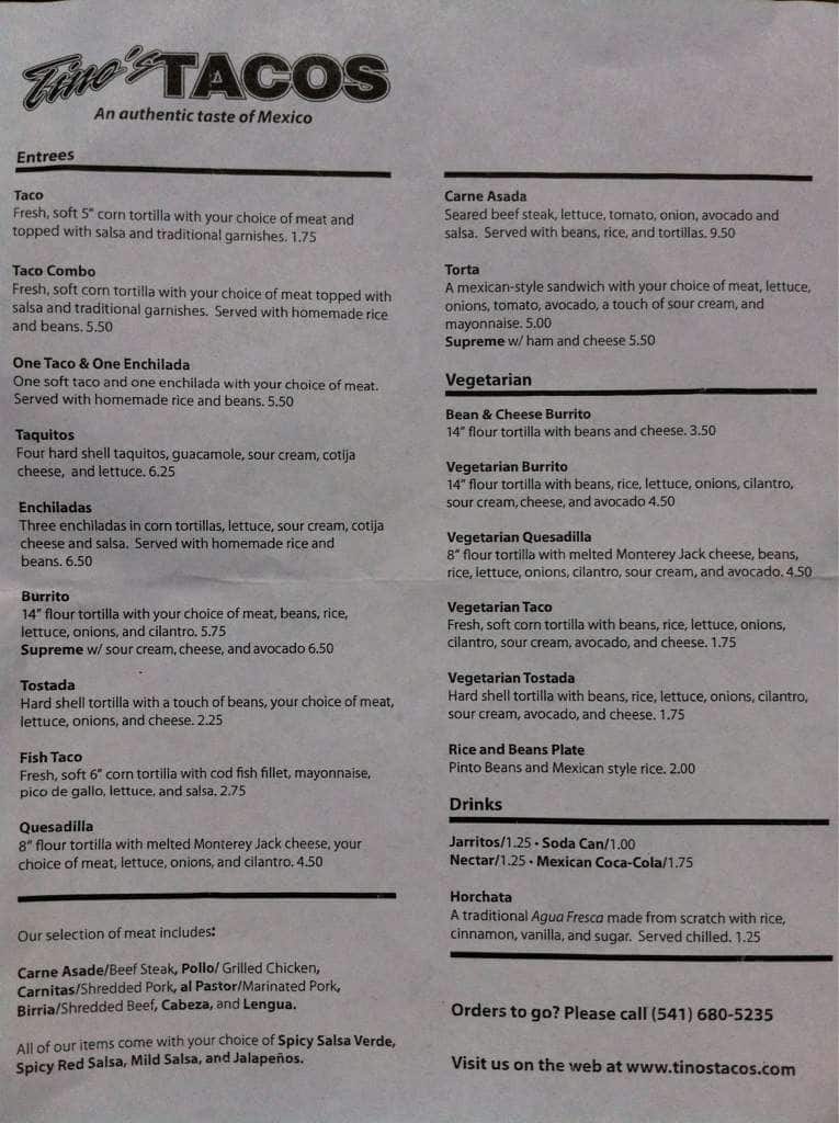 Menu at Tino's Tacos restaurant, Roseburg