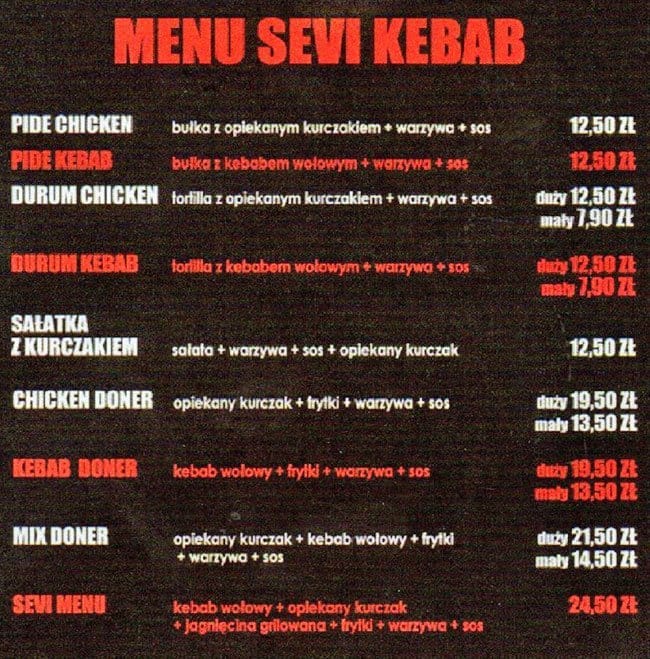 Sevi Kebab menu, Menu restauracji Sevi Kebab, Lublin, Lublin ...