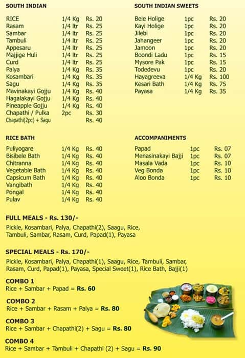 Menu of Bhattara Bhojana, Banashankari, Bangalore
