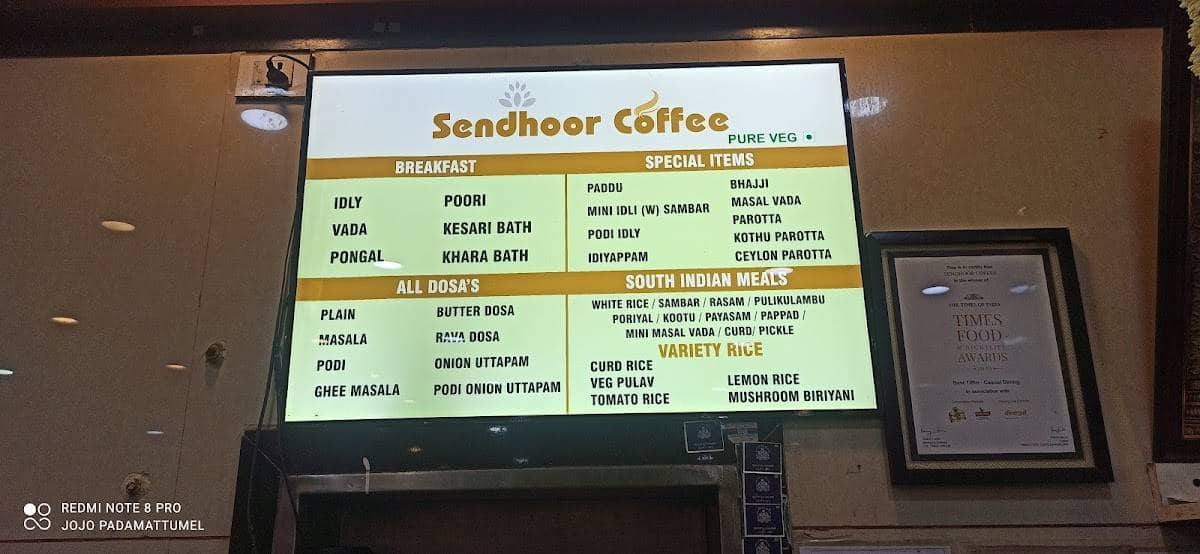 Menu of Sendhoor Coffee, Indiranagar, Bangalore