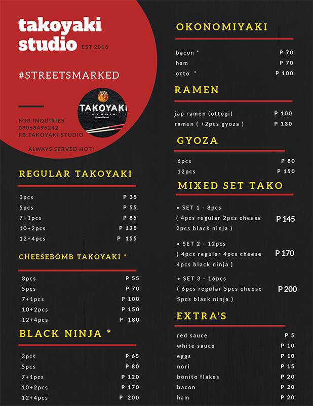 Menu at Takoyaki Studio restaurant, Taytay, The Tent