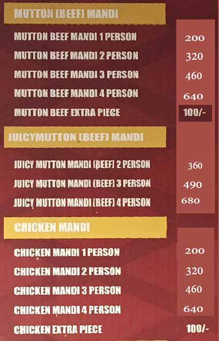 Menu at Masha Allah Mandi, Hyderabad, 8FXV+W9M