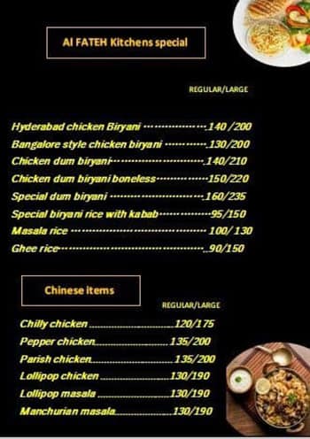 Menu of Al Fateh Kitchens, BTM, Bangalore