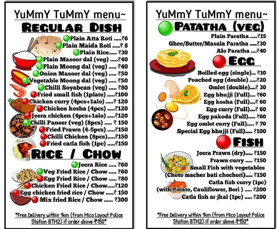 Menu of Yummy Tummy, BTM, Bangalore