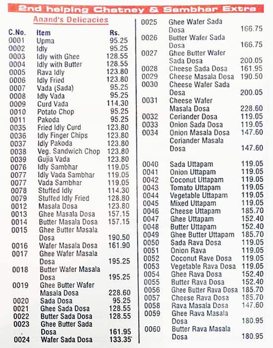 Menu of Anand Restaurant, Chandni Chowk, Kolkata