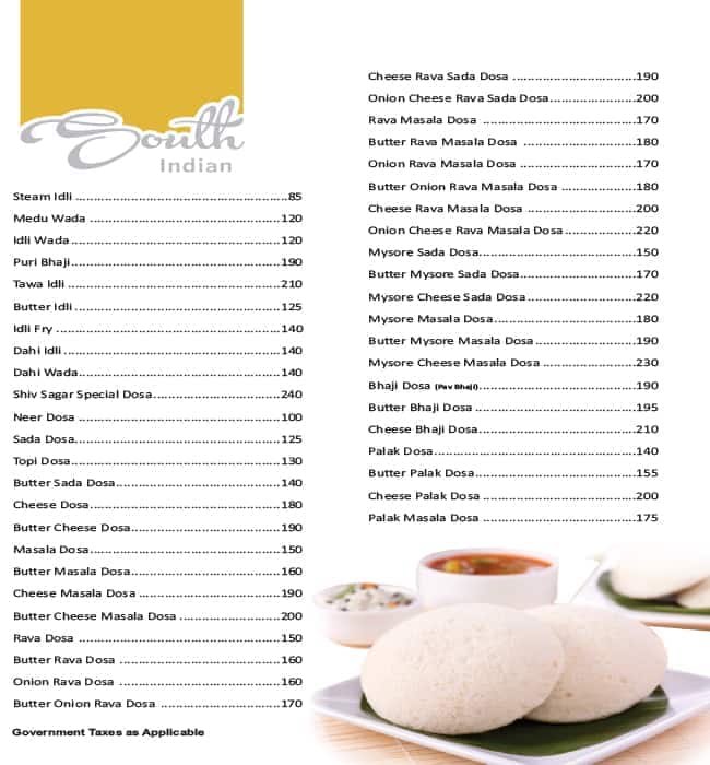Menu of Shiv Sagar Veg Restaurant, Goregaon East, Mumbai