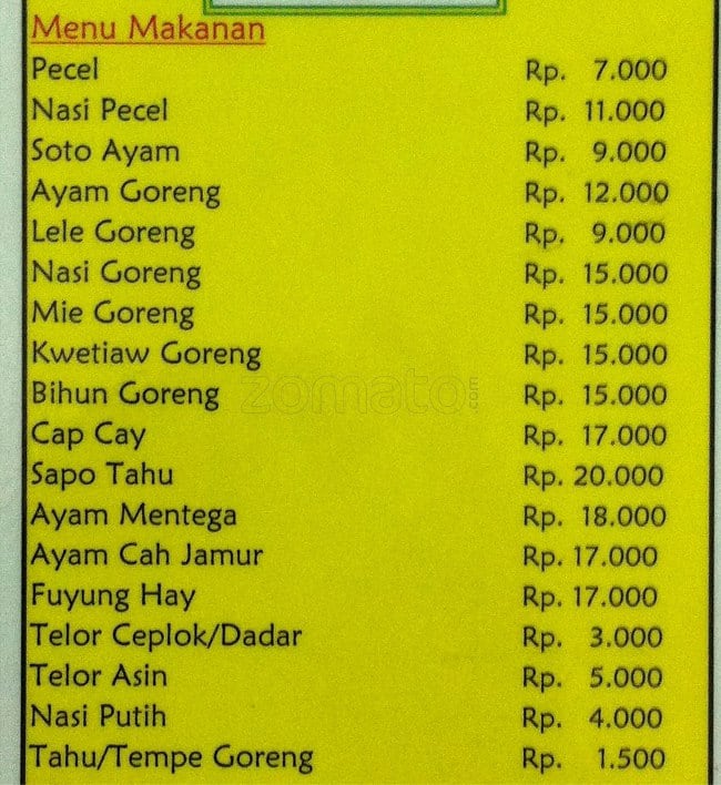 Menu at RM Pecel Madiun-De Pecel Pincuk restaurant, Depok