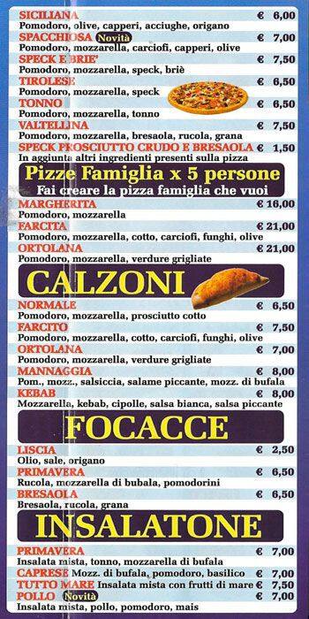 Menu da Pizza pizzeria, Milano