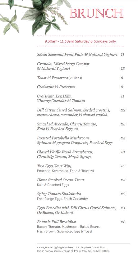 Menu at Botanic Gardens Cafe, Sydney