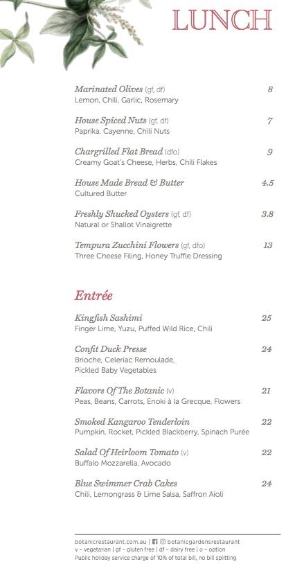 Menu at Botanic Gardens Cafe, Sydney