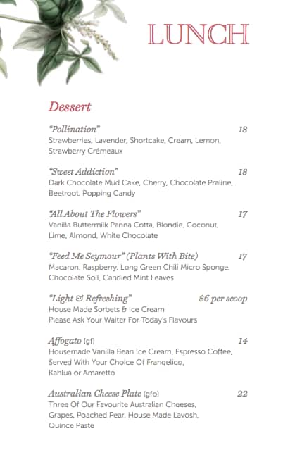 Menu at Botanic Gardens Cafe, Sydney